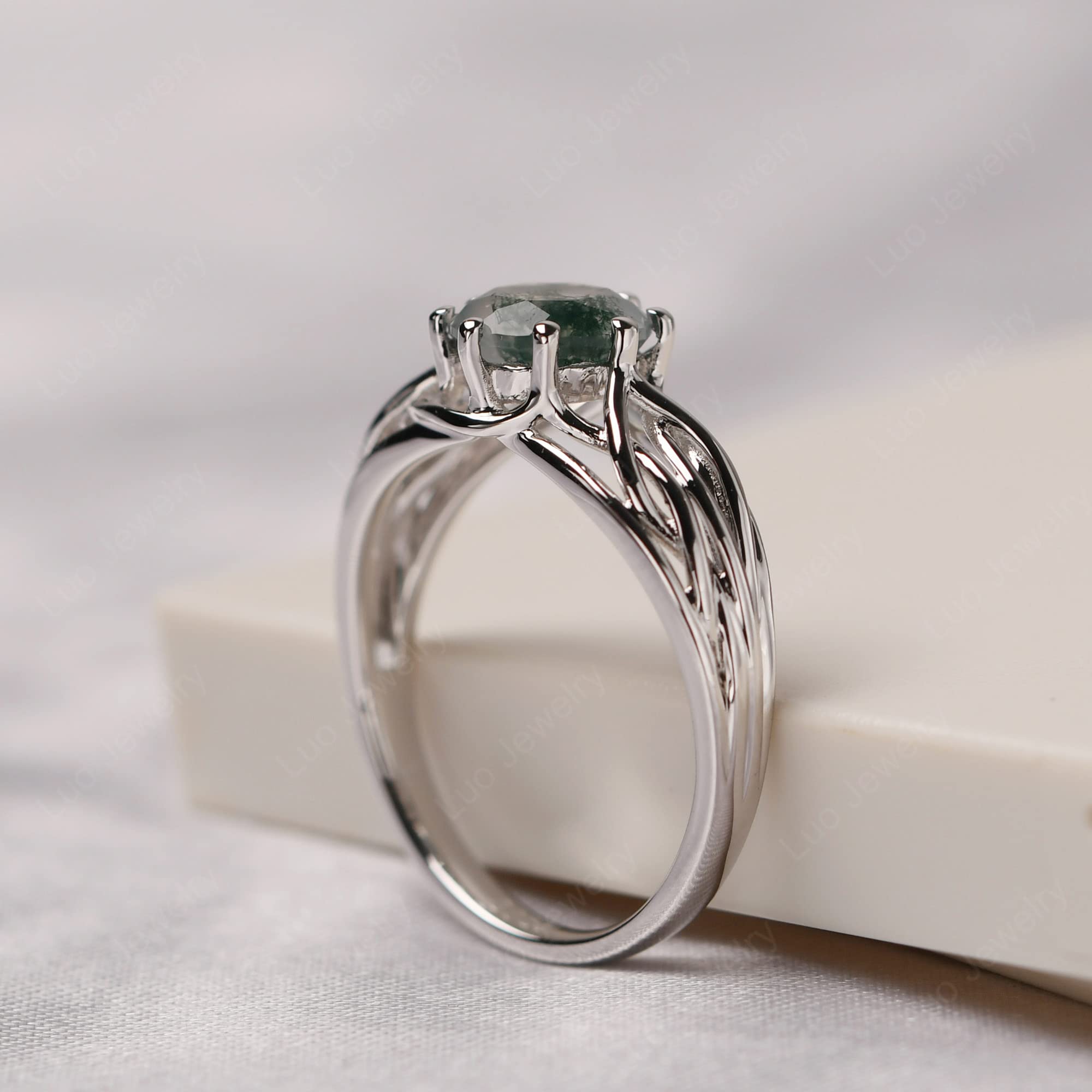 LUO S925 Sterling Silver Round Cut 1.25 Carat Natural Moss Agate Ring Statement Ring Crossing Freeform Promise Ring for Women US Size 6
