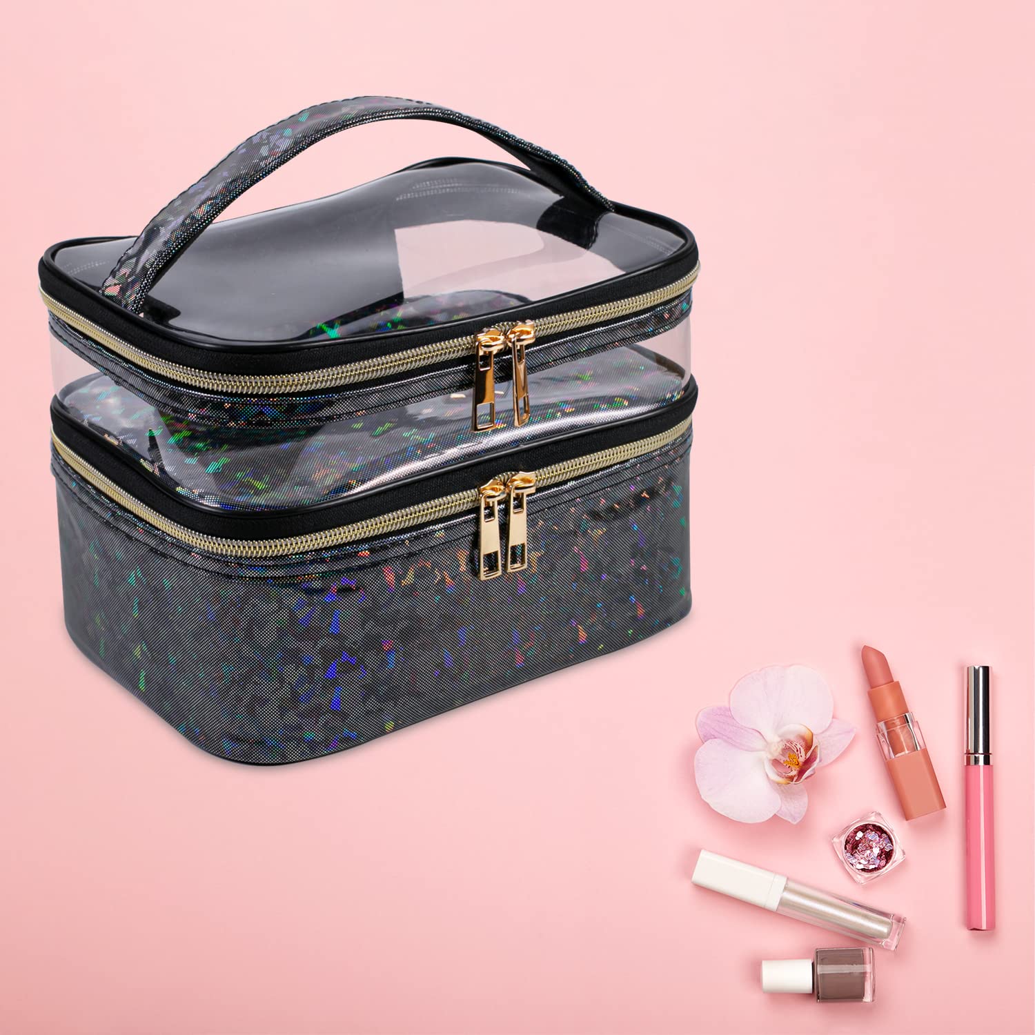 imerelez Double-layer Makeup Bag Cosmetic Bag Travel Makeup Cases Organizer Toiletry Bag Gift for Girls Women, Portable Waterproof (Black)