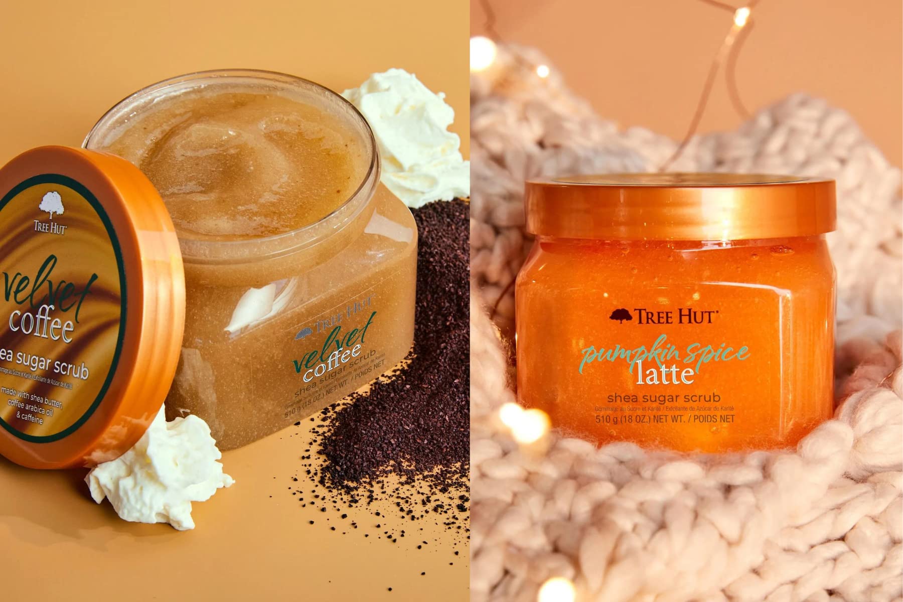 Tree Hut Exfoliating, Hydrating Shea Sugar Body Scrub 18 oz Fall Scent Variety Pack of 2 - Pumpkin Spice Latte And Velvet Coffee 18 Ounce (Pack of 2)