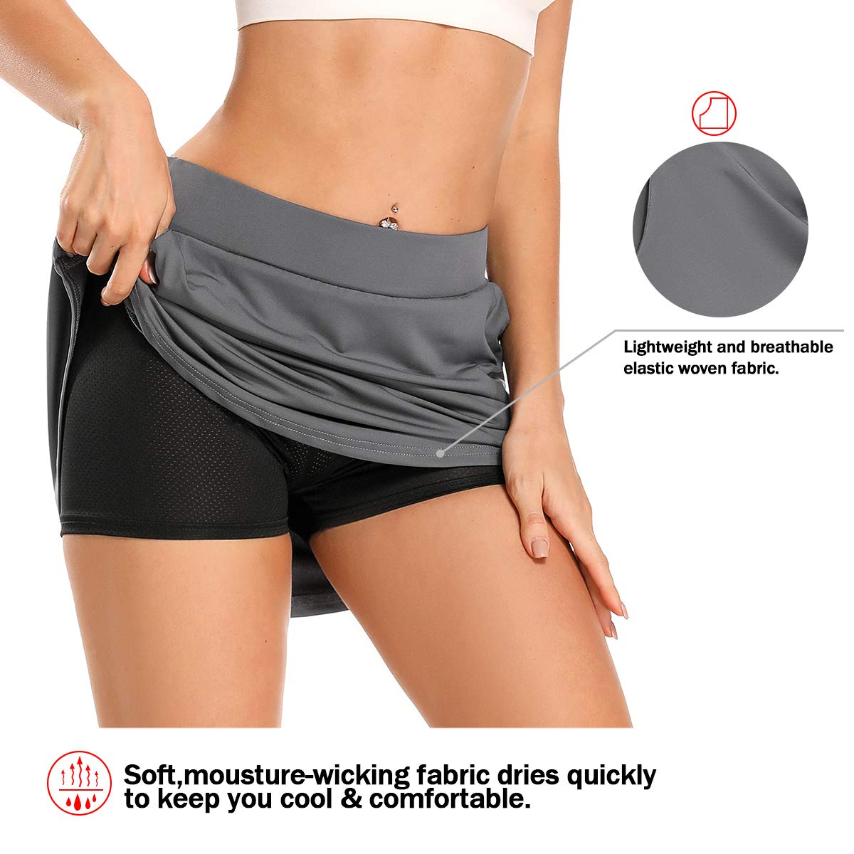Jessie Kidden Women's Active Athletic Skort Lightweight Skirt with Pockets for Running Tennis Golf Workout (949 Grey, Medium)
