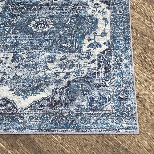 Zacoo Washable Rug Boho Rug Vintage 5x7 Area Rugs for Living Room Bedroom Dining Room Distressed Non Slip Rugs Carpet Non Shedding Oriental Rug, Blue