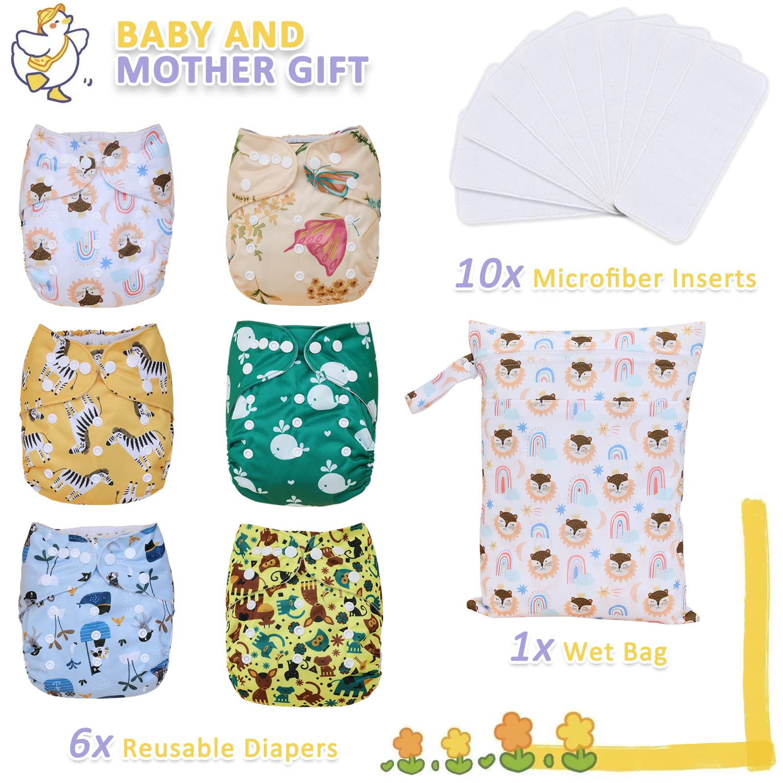 TDIAPERS Cloth Diapers for Babies One Size Adjustable Washable Reusable for Baby Girls and Boys 8 Pack with 6 Inserts, 1 Wet Bag