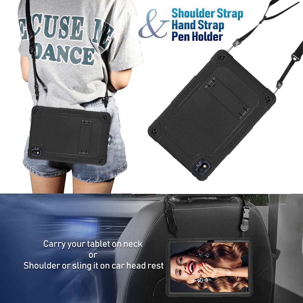 SOATUTO for TCL TAB 10 5G 10.1" FHD Tablet Case Model 9183W Heavy Duty Tablet Case Built in Shoulder Strap Soft Silicone Hard Back Shockproof Protective Cover for TCL TAB10 5G Model 9183W(Black/Blue)