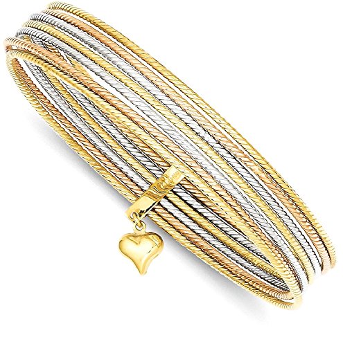 IceCarats 14K Dangling Heart Love Tri Color Gold Set of 7 Slip On Bangle Bracelet