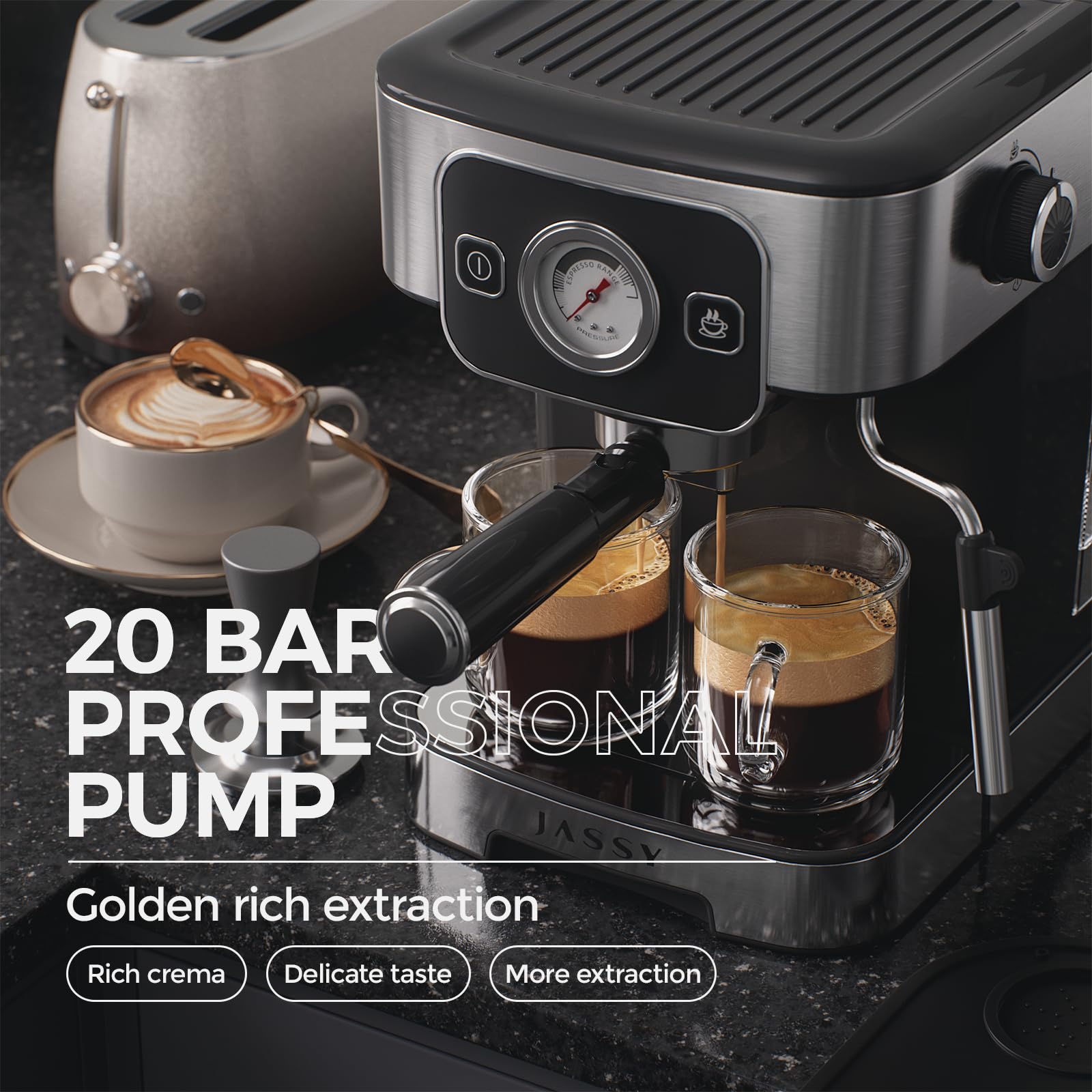 JASSY Espresso Machine 20 Bar Cappuccino Machines with Temperature Dial for Barista Brewing,Adjustable Milk Frothing for Espresso/Cappuccino/Latte,1200W