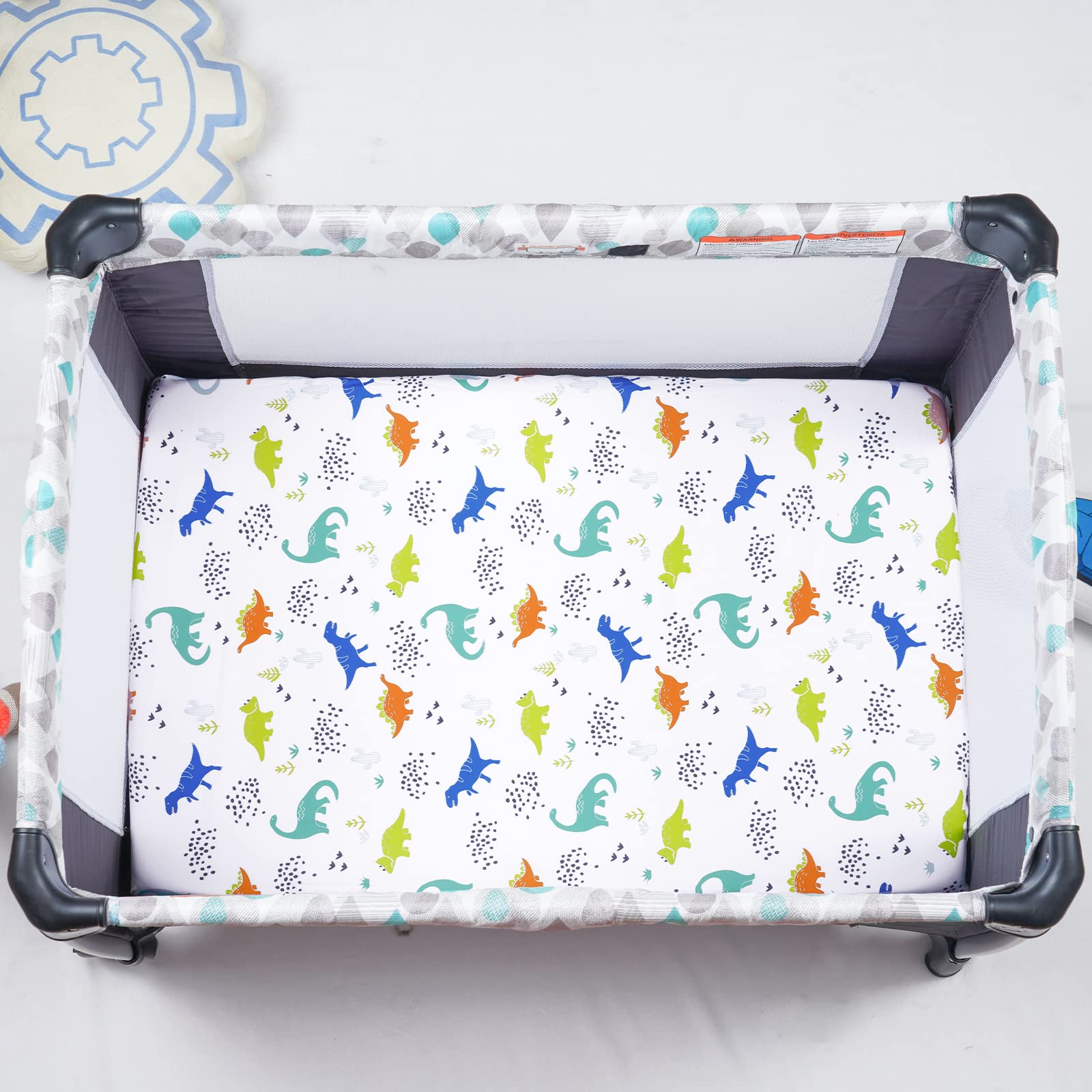 PHF 3 Pack Soft Mini Crib Sheets, Dinosaur Silky Pack N Play Sheets for Baby Boys Girls, Universal Fit for Pack N Play, Playard, Portable and Mini Crib Mattresses,Navy Dinosaur