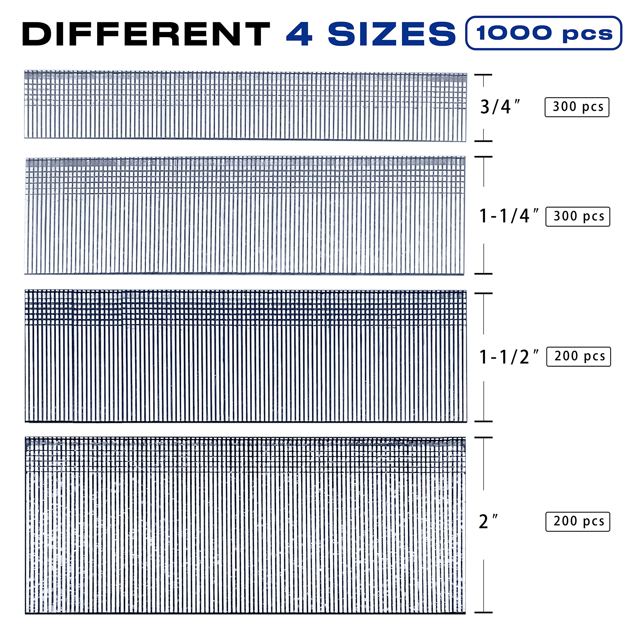 SimCos 18 Gauge Brad Nails 4 Sizes (2",1-1/2",1-1/4",3/4") Galvanized 18 GA Nail Gun Nails Assorted and Small Finishing Nails for Pneumatic, Electric Brad Nailer (Assembly 1000)