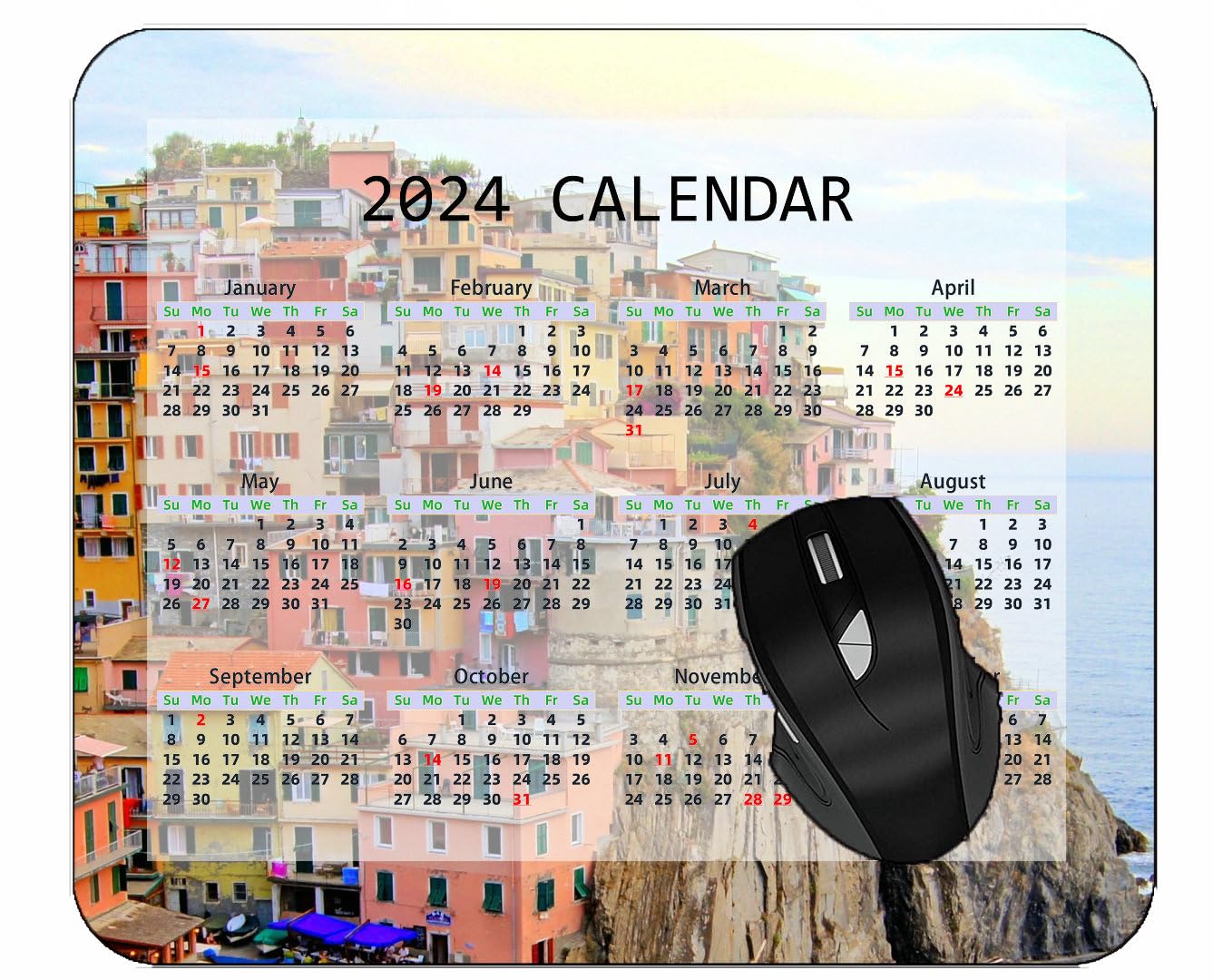Hubin Calendar 2024 Year Mouse Pad,Ocean Surf Sunset Gaming Mouse Mat Pad with Stitched Edges