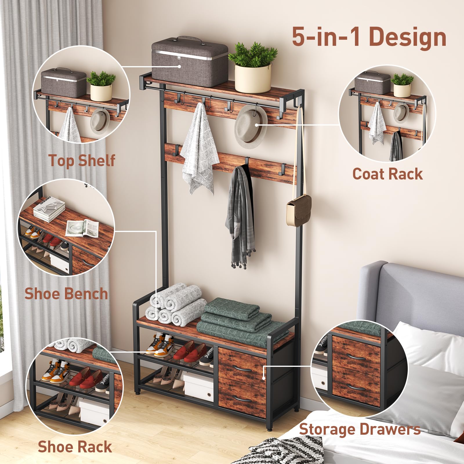 ZERDER Coat Rack, Hall Tree with Shoe Bench for Entryway, Entryway Bench with Coat Rack, 3-Tier Shelves, 1 Hanging Rod and 8 Hooks,