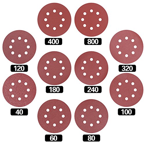 Swpeet 60 Pcs 10 Sizes 5 Inch 8 Hole Sanding Discs Sandpaper Hook and Loop Pads for Circular Sander Grits Sanding Sheets 10 Sizes - 40/60 / 80/100/ 120/180 / 240/320 / 400/800 Grits