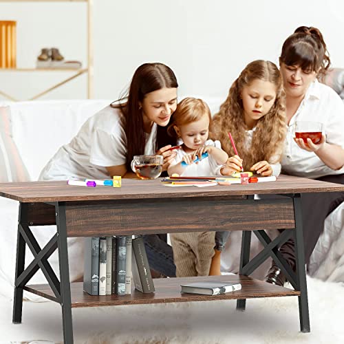 Yesker Farmhouse Coffee Table, Industrial Rustic Coffee Table Heavy Duty Two Tier Coffee Tea Table 45β with Shelf for Living Room, Accent Cocktail Table with Stronger Metal Frame Thicker Leg