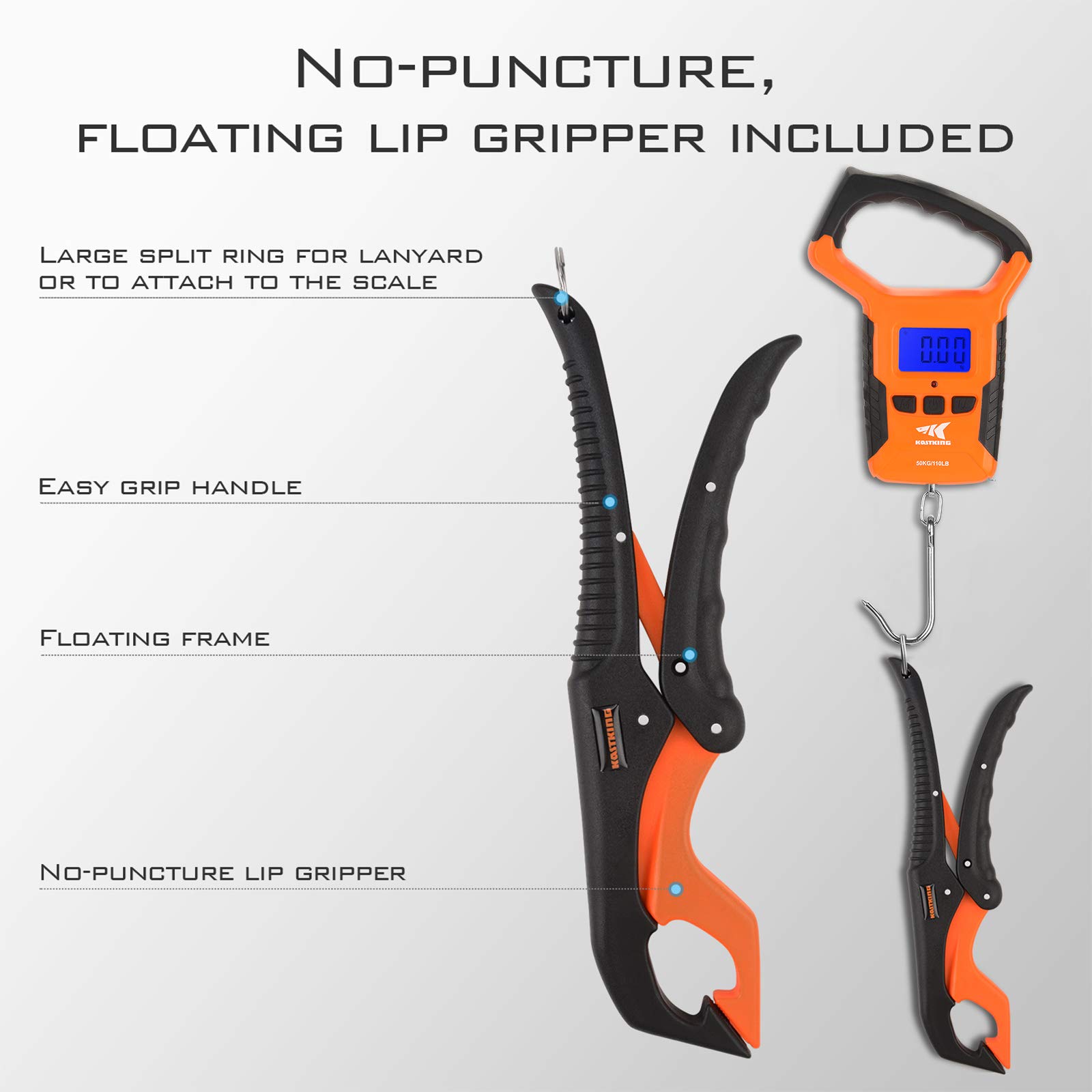 KastKing Fish Scale with Floating Lip Gripper, Water Resistant, Dual Mode β 110 LBS/50 Kg, Light and Strong ABS Frame, Non-Slip Handle, Retractable 38β Tape Measure and Floating Lip Gripper Combo