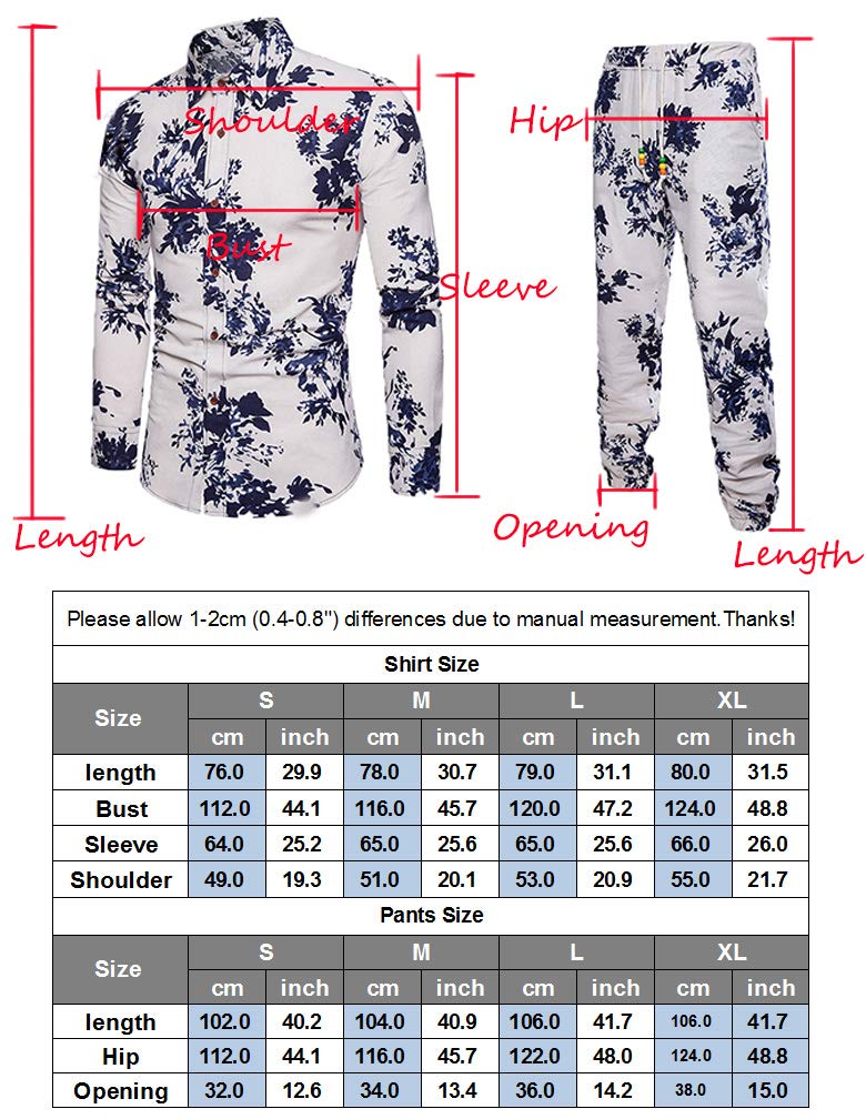 Lavnis Men's 2 Piece Tracksuit Floral Shirt and Pants Suits Button Down Hawaiian Outfitts A027 L