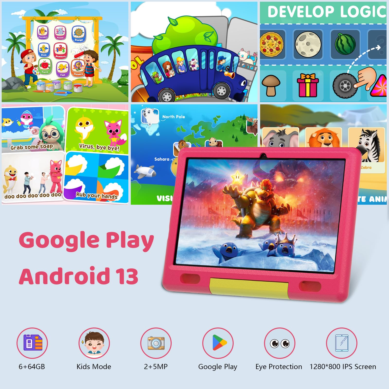 Kids Tablet 10 Inch Android 13 Tablet for Kids, 6(2+4) GB RAM+64GB ROM, Kids Parental Control Tablet, Educational Games, Dual Camera, Kids Tablet with Case (Pink)