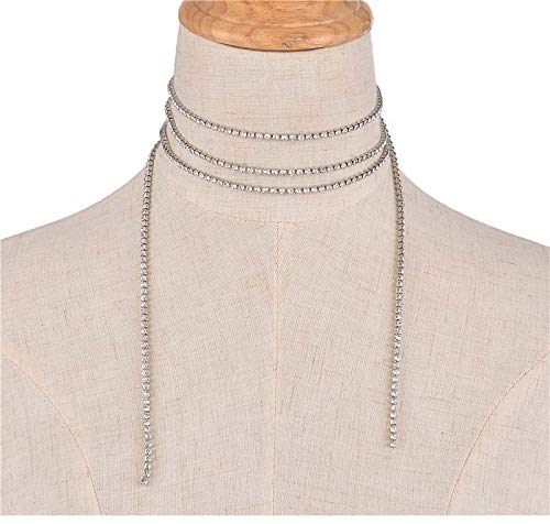 Kercisbeauty Multi Row Boho Tennis Chain Rhinestones Choker Long Chain Necklace for Women Jewelry (Silver)