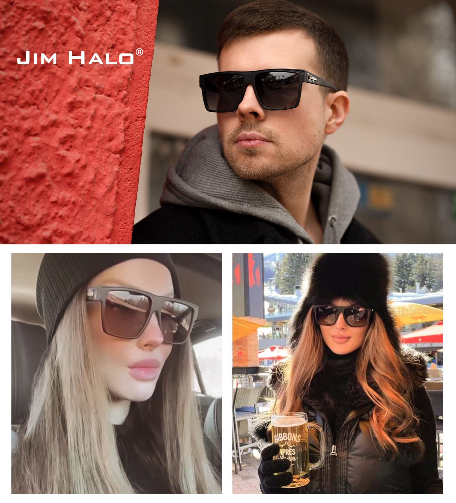 JIM HALO Retro Polarized Sunglasses Men Women Flat Top Square UV400 Glasses for Driving Fishing Hiking Golfing (Black Frame/Polarized Gradient Grey Lens)