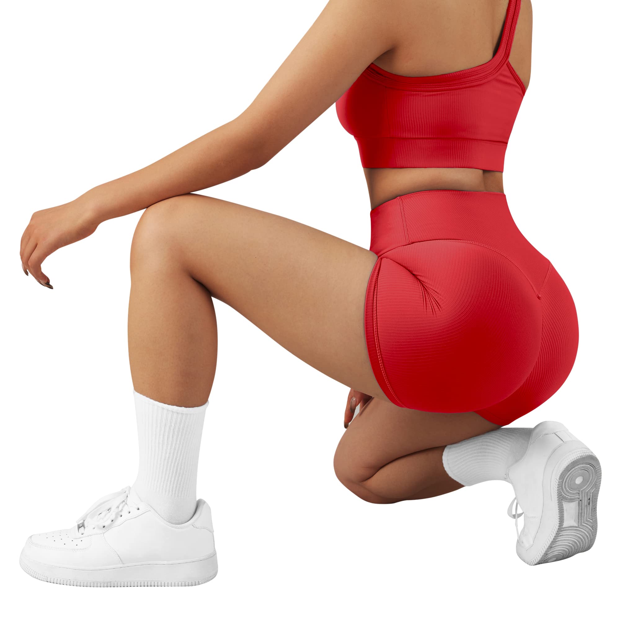 MOOSLOVER Women Ribbed Seamless Biker Shorts Butt Lifting High Waisted Workout Shorts(S,#1 Red)
