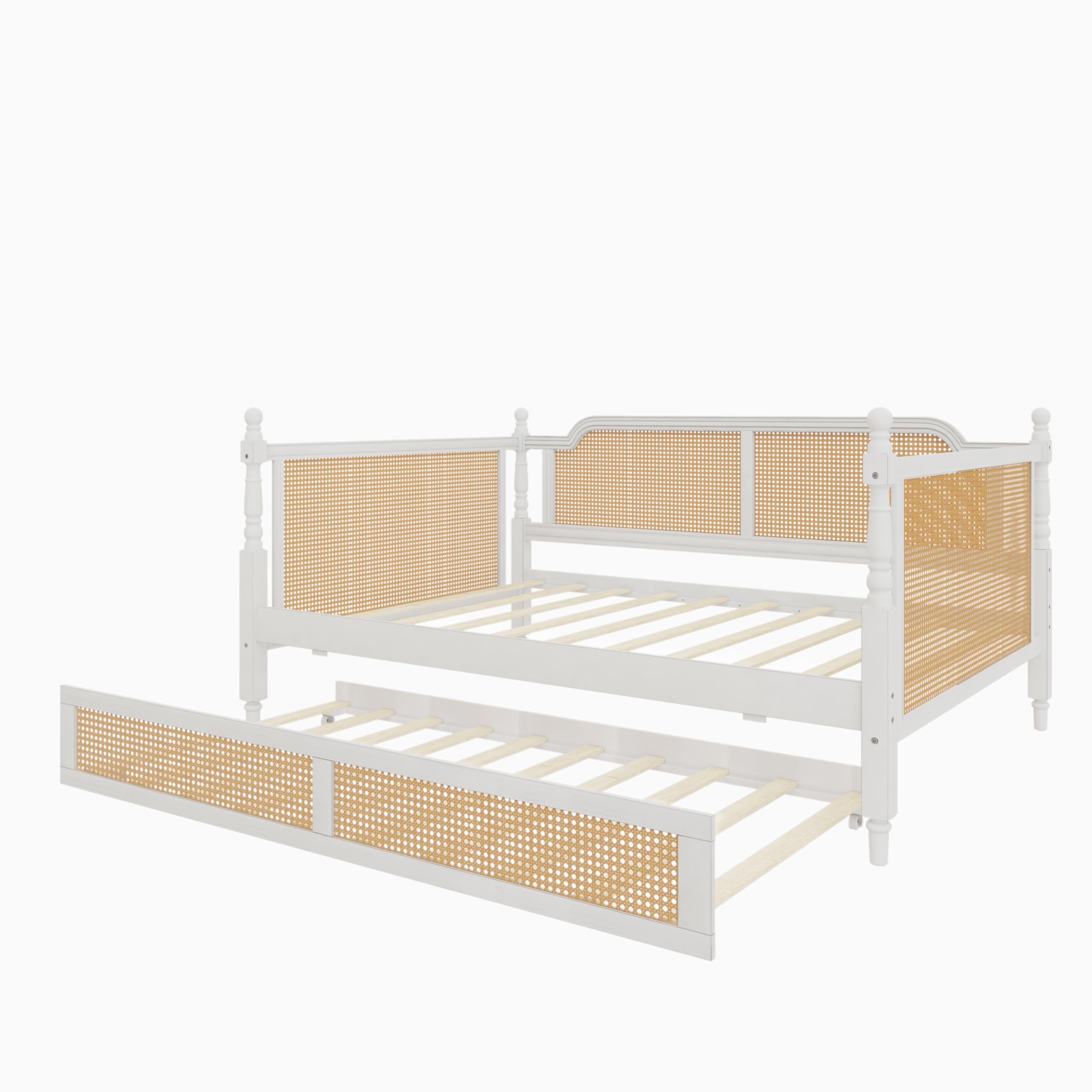 Traditional Style Rattan Full Size Daybed, Wood Daybed with Trundle for Small Space Guestroom, No Box Spring Needed, Antique Walnut