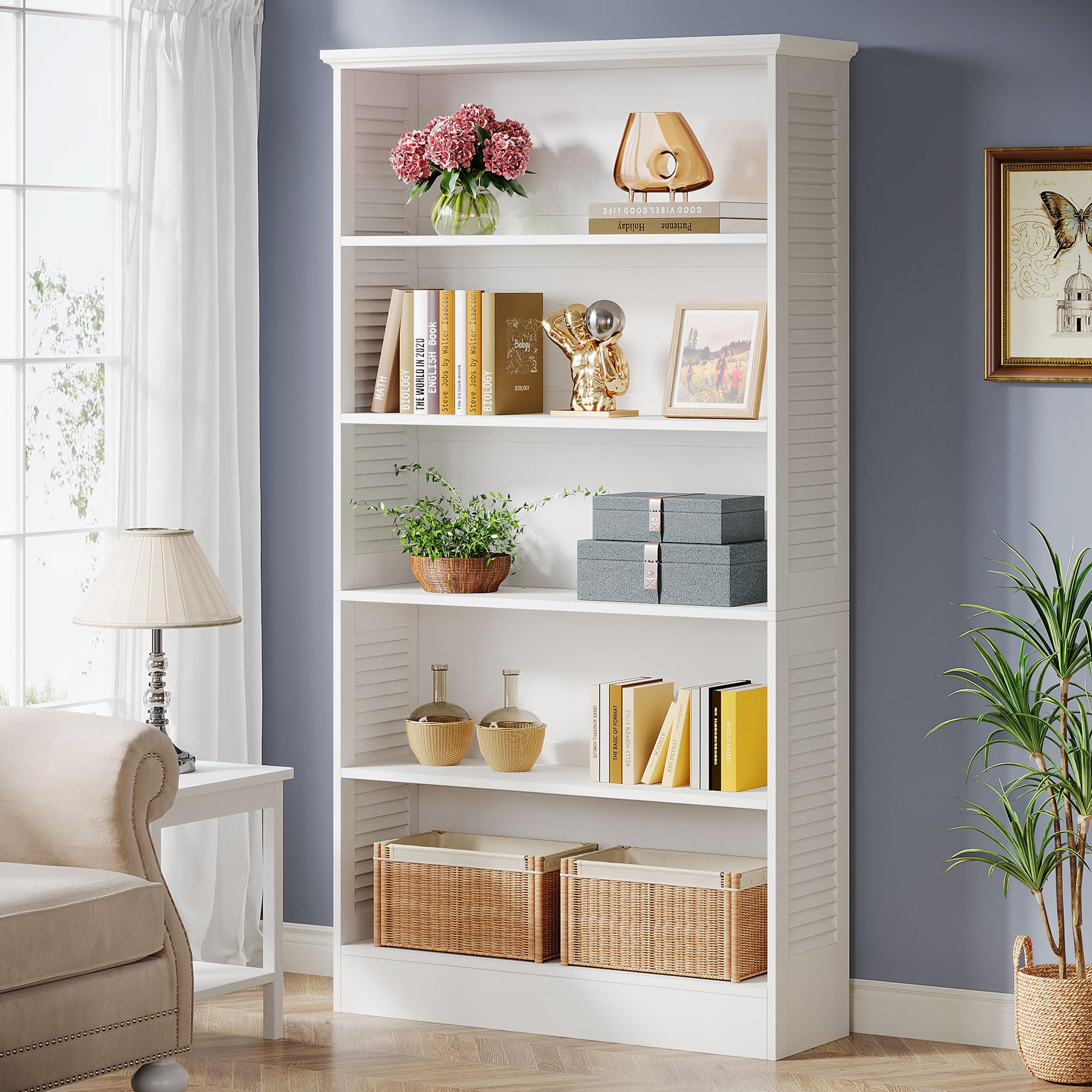 Tribesigns 5-Tier White Bookcase, 72" Tall Modern Simple Bookshelf with Storage Shelves, 39.4" Wide Floor Standing Library Bookshelf, Wood Display Shelving Unit for Living Room, Home Office (1)