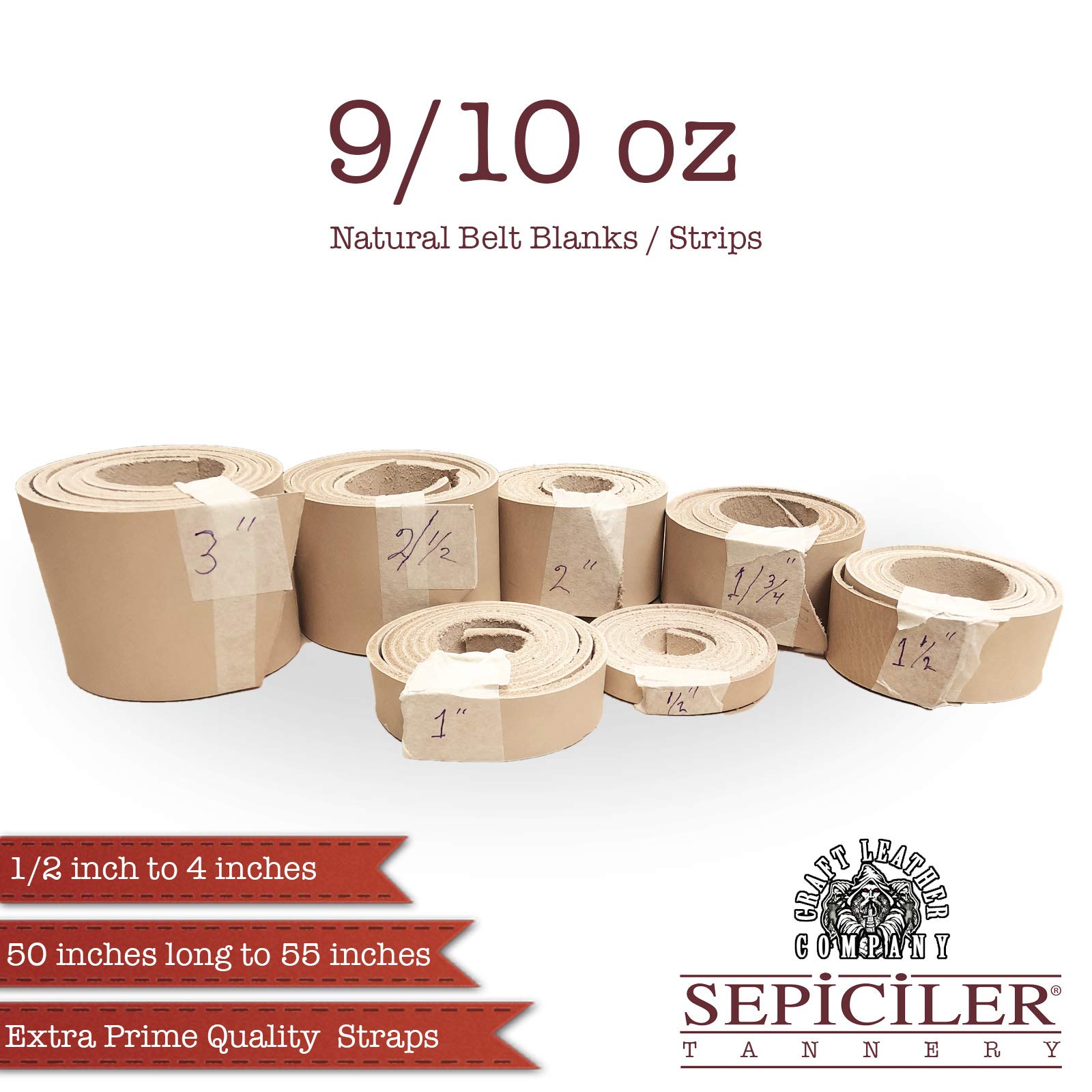 Import Tooling Leather 9/10 oz Natural Belt Blanks/Strips from Exclusive Vegetable Tanned Leather by Sepici Tannery (1-1/4" x 50")