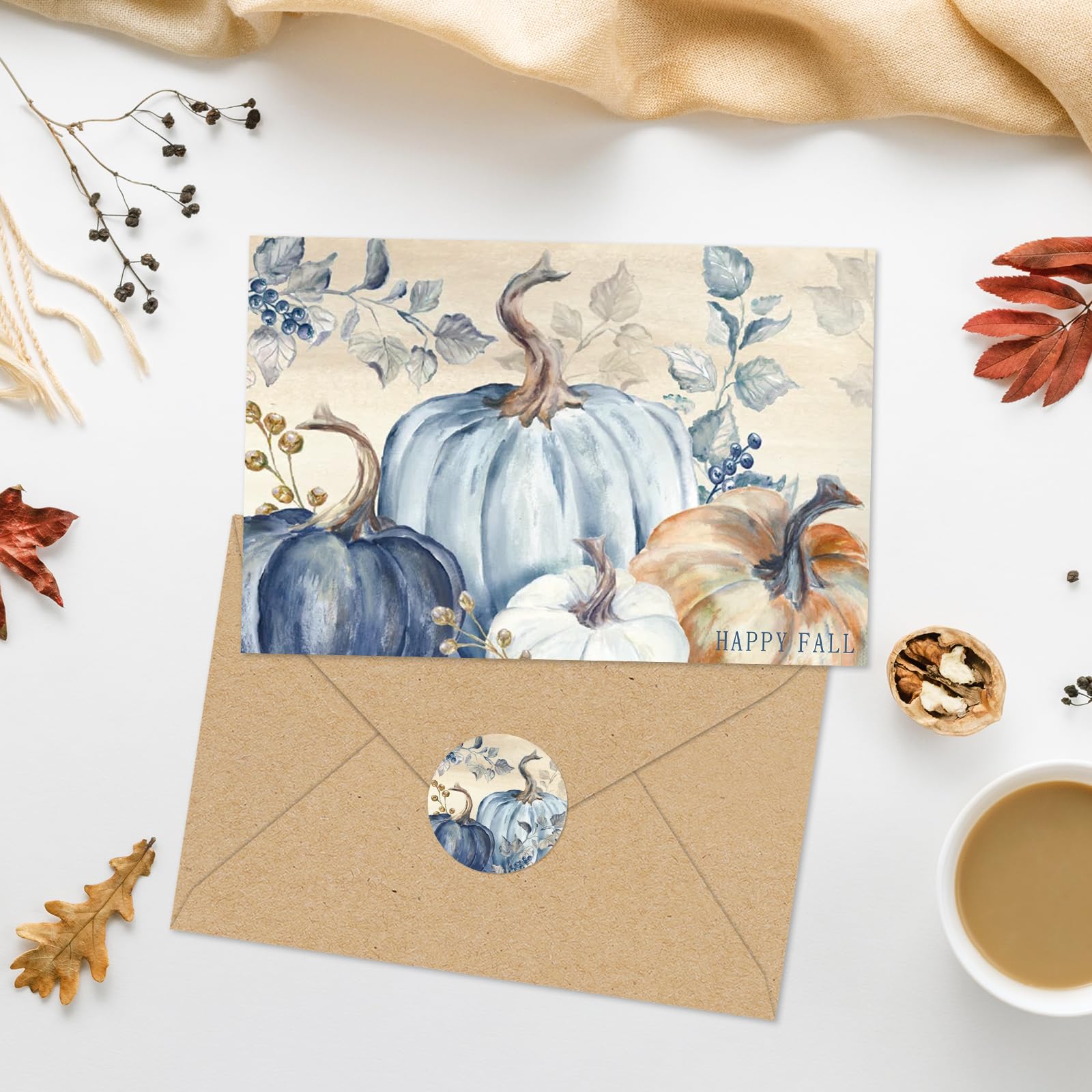 Whaline 50 Pack Fall Thank You Cards Bulk Boxed Vintage Blue Pumpkin Greeting Cards with Envelope Sticker Blank Note Cards for Autumn Thanksgiving Wedding, 4 x 6 Inch