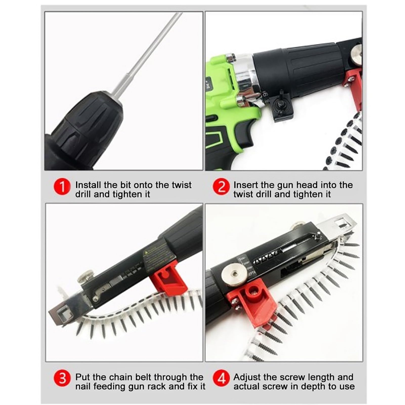 Thincol Screw Drill Chain Adapter for Power Drill Gun, 41mm-46mm Chuck Range Woodwork Rotary Screw Gun Attachment for Drywall Wood Board Ceiling, Nail Gun Collating