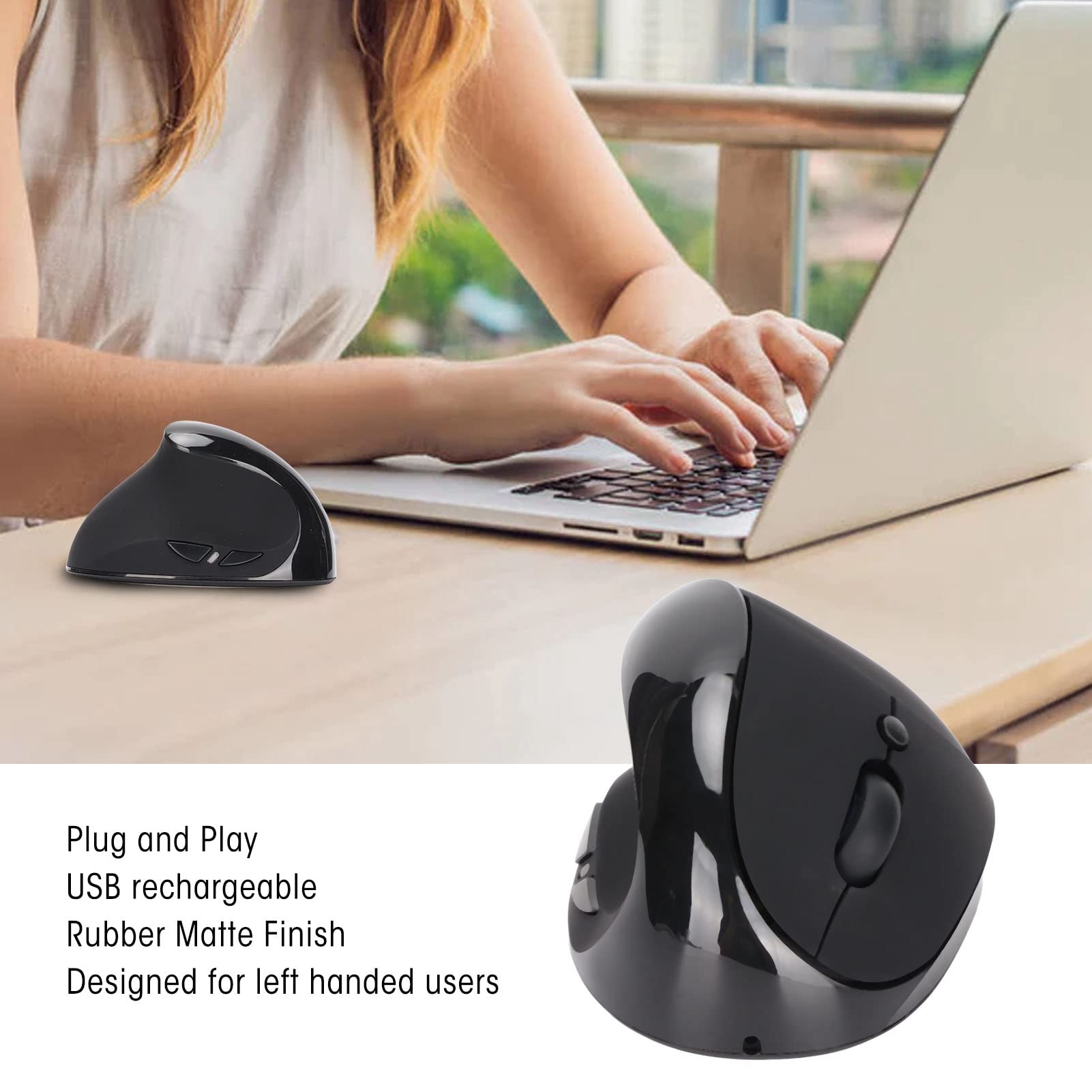 Pomya Left Hand Vertical Mouse, Ergonomic Wireless Left Handed Mouse, Rechargeable Ergonomic Vertical Mice, with USB Adapter for PC Laptops Desktop(Black)