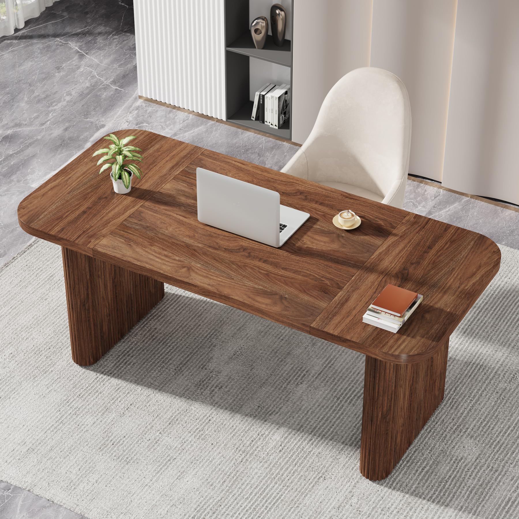 Tribesigns 62" Executive Desk, Large Computer Office Desk with Double Pedestal, Modern Simple Style Natural Wood Top Rectangle Writing Desk for Home Office (Brown)
