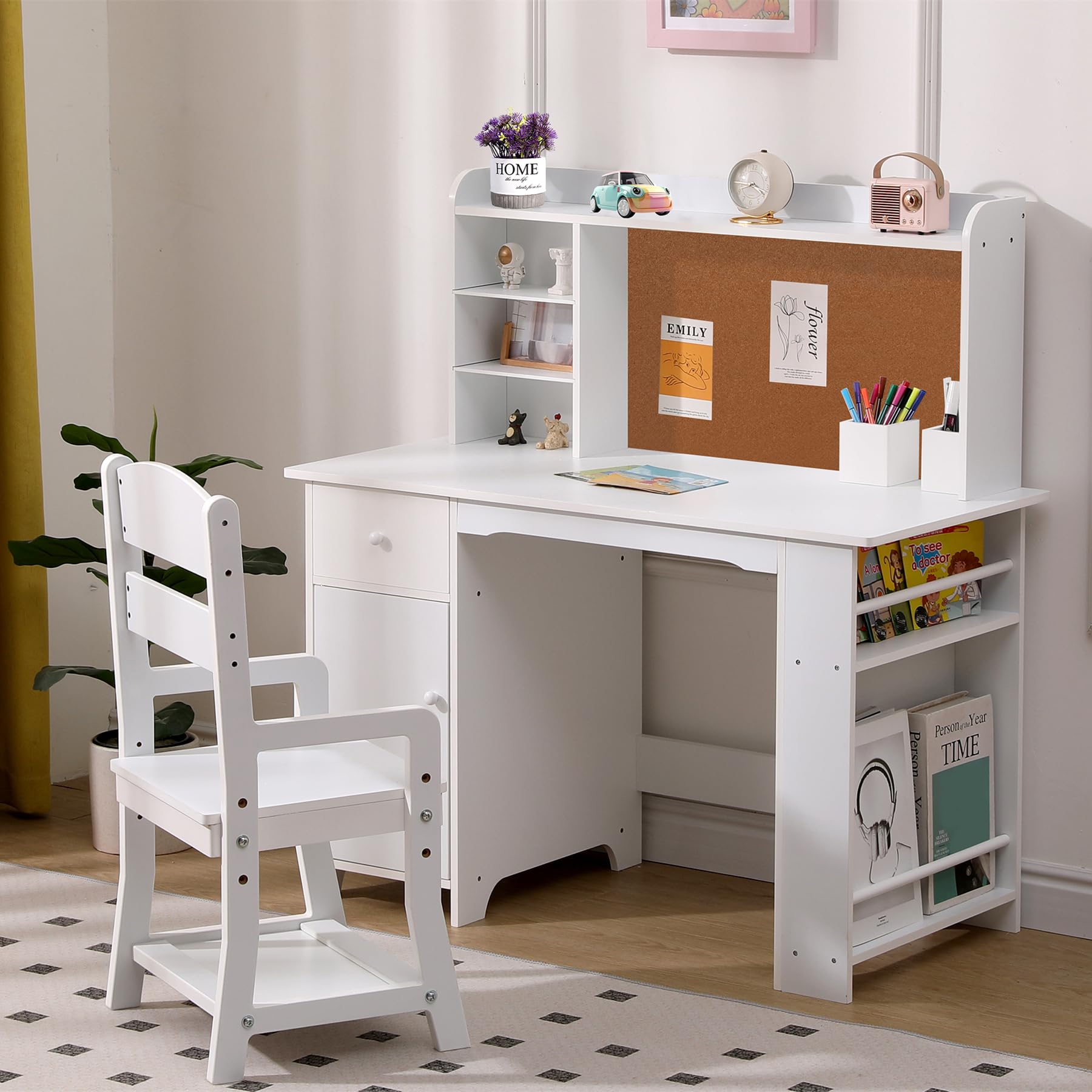 White Study Desk and Chair Set with Bookshelf, Bulletin Board, and Cabinets - Ideal for Boys and Girls Ages 3-8