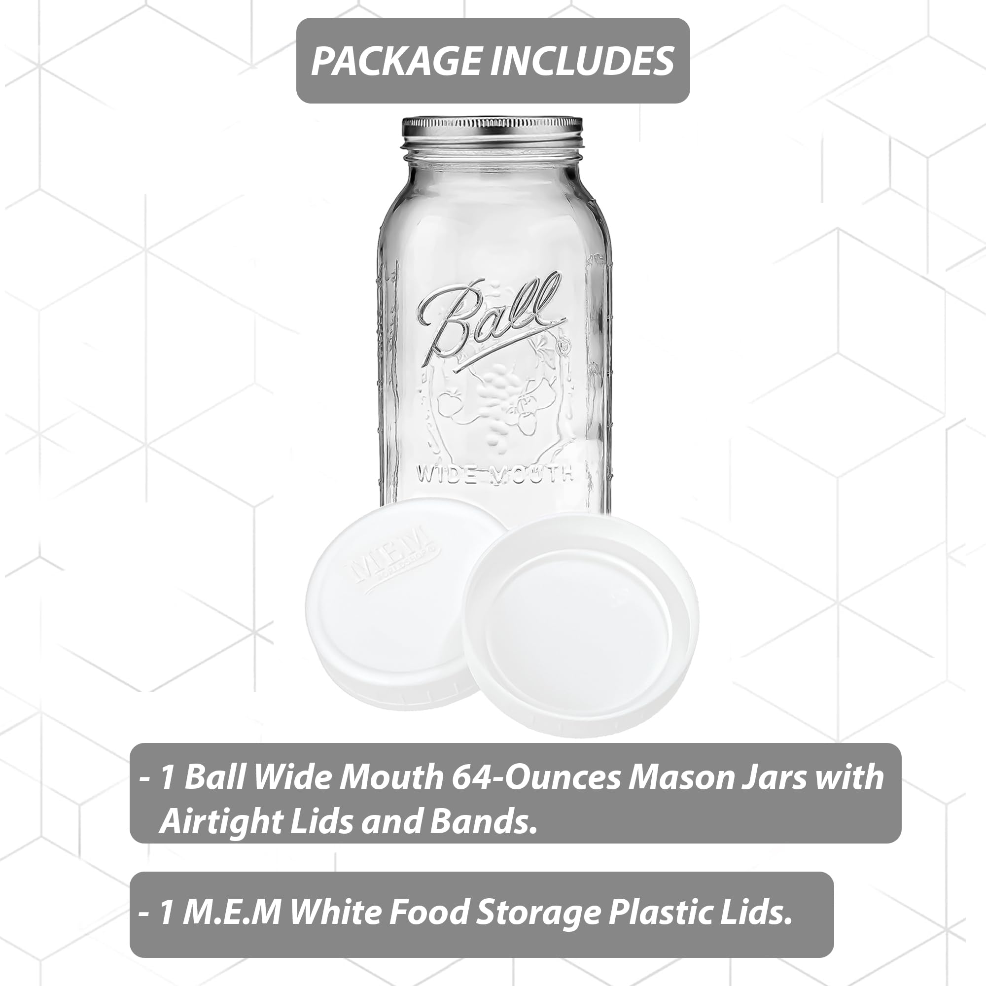 Wide Mouth Mason Jar 64 oz - (1 Pack) - Ball Wide Mouth 64-Ounces Half Gallon Mason Jar with White M.E.M Food Storage Plastic Lid. For Storage, Freezing, Leak Proof, Microwave & Diswasher Safe