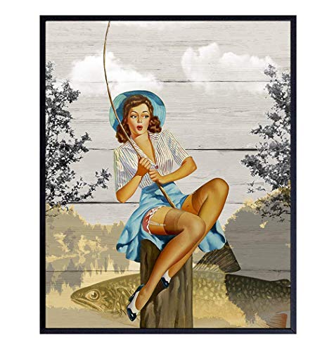 Rustic Fishing Pinup Girl Art Print - Retro Vintage 1950s Wall Art Poster - Shabby Chic Home Decor for Beach or Lake House, Den, Man Cave - Gift for Fisherman, 8x10 Photo Unframed