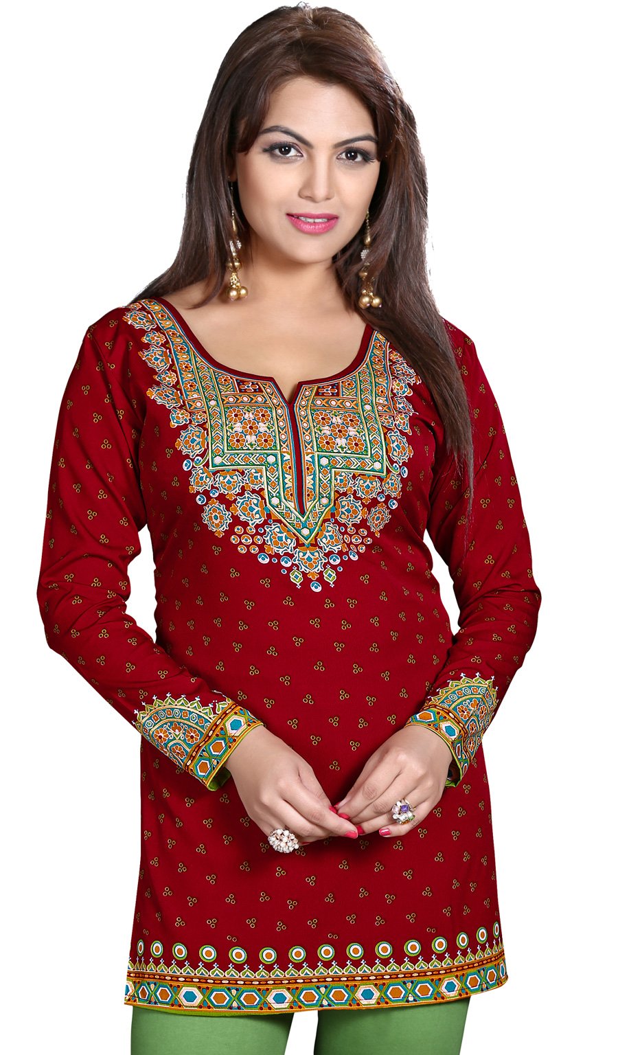Indian Short Tunics Kurti Top Blouse Women's India Apparel (Maroon, 3XL)