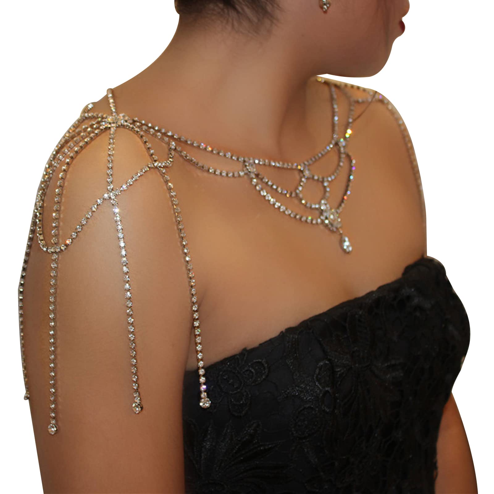 Luxury Rhinestone Shoulder Chain Necklace Layered Back Chain Multi Layer Tassel Crystal Shoulder Harness Chain Statement Bridal Wedding Layered Body Chain for Women (Shoulder-silver)