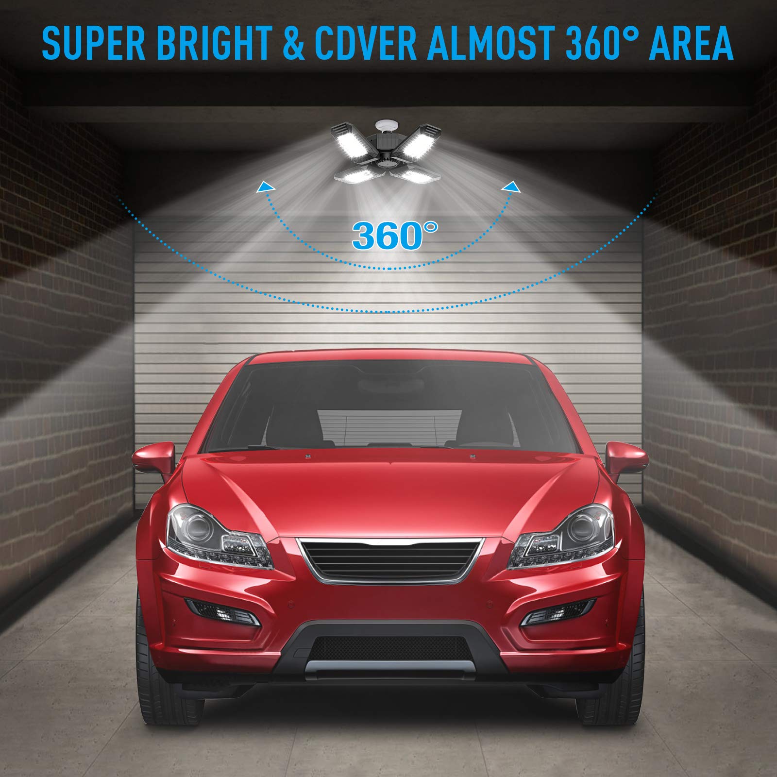 Jiffi 120W LED Garage Lighting, Deformable Garage Light, 12000LM 6500K Four-Leaf Garage Ceiling Light Fixtures with Adjustable Panels, E26/E27 Base, LED Lights for Basement Workshop Warehouse(2 Pack)