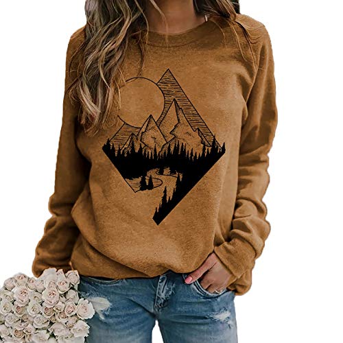 IVERIRMIN Landscape Sweatshirt for Women, Mountain Scenery Printing Sweatshirt Crew Neck Pullover Top-Yellowish-brown-2XL