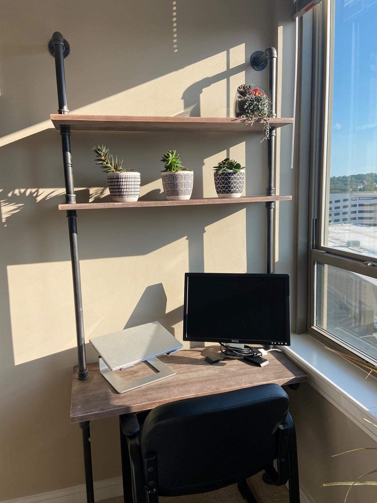 Industrial Style Laptop Desk Solid Wood Computer Desk Storage Table with Shelves Wall Shelf Bookshelf Floating Shelves for Home Office(Gray,Depth 14in)