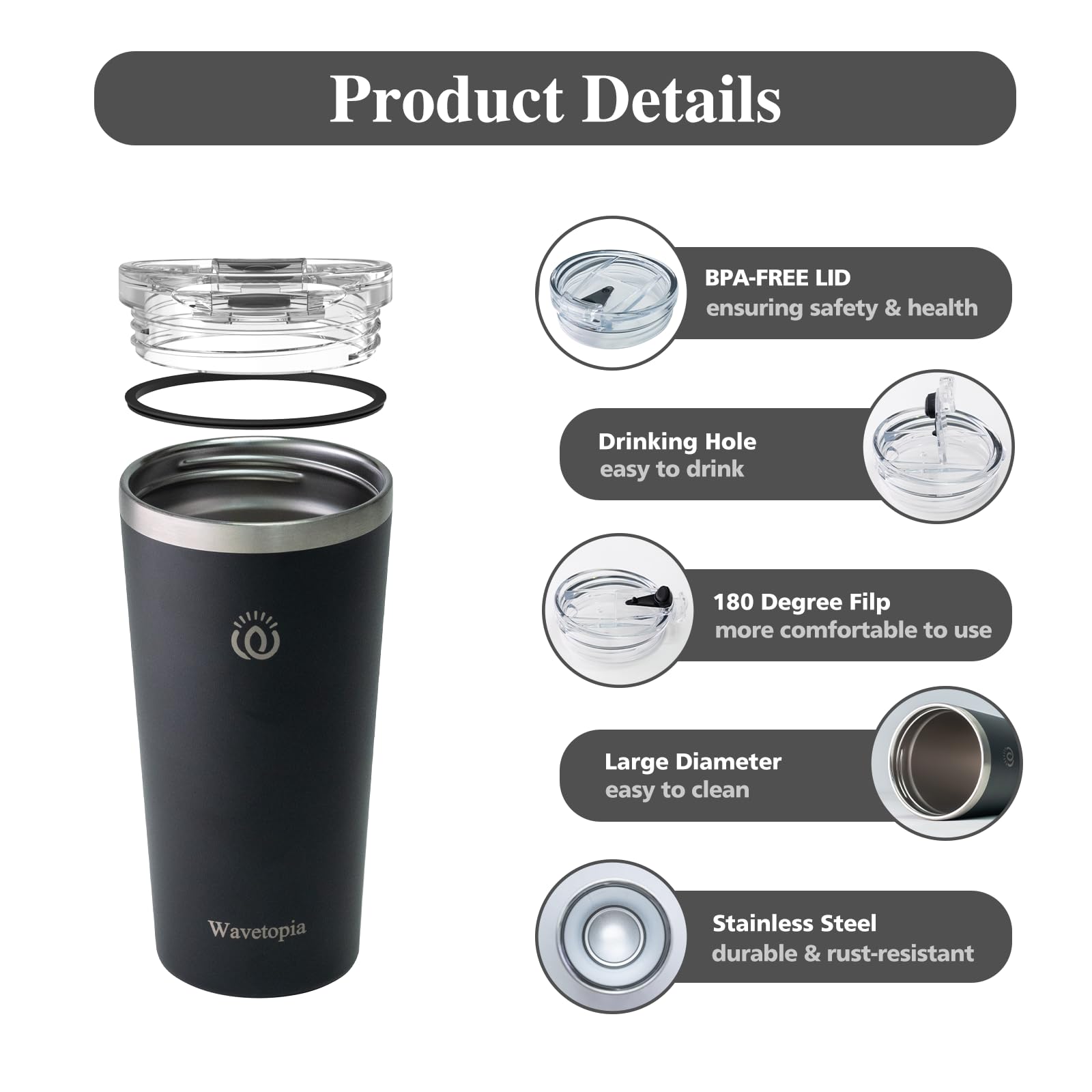 Wavetopia Insulated Coffee Mug with Lid, Reusable Stainless Steel Travel Coffee Cup, 16 Oz Double Wall Vacuum Spill Proof Tumbler Cups for Men and Women Hot & Cold Drinks(Black)