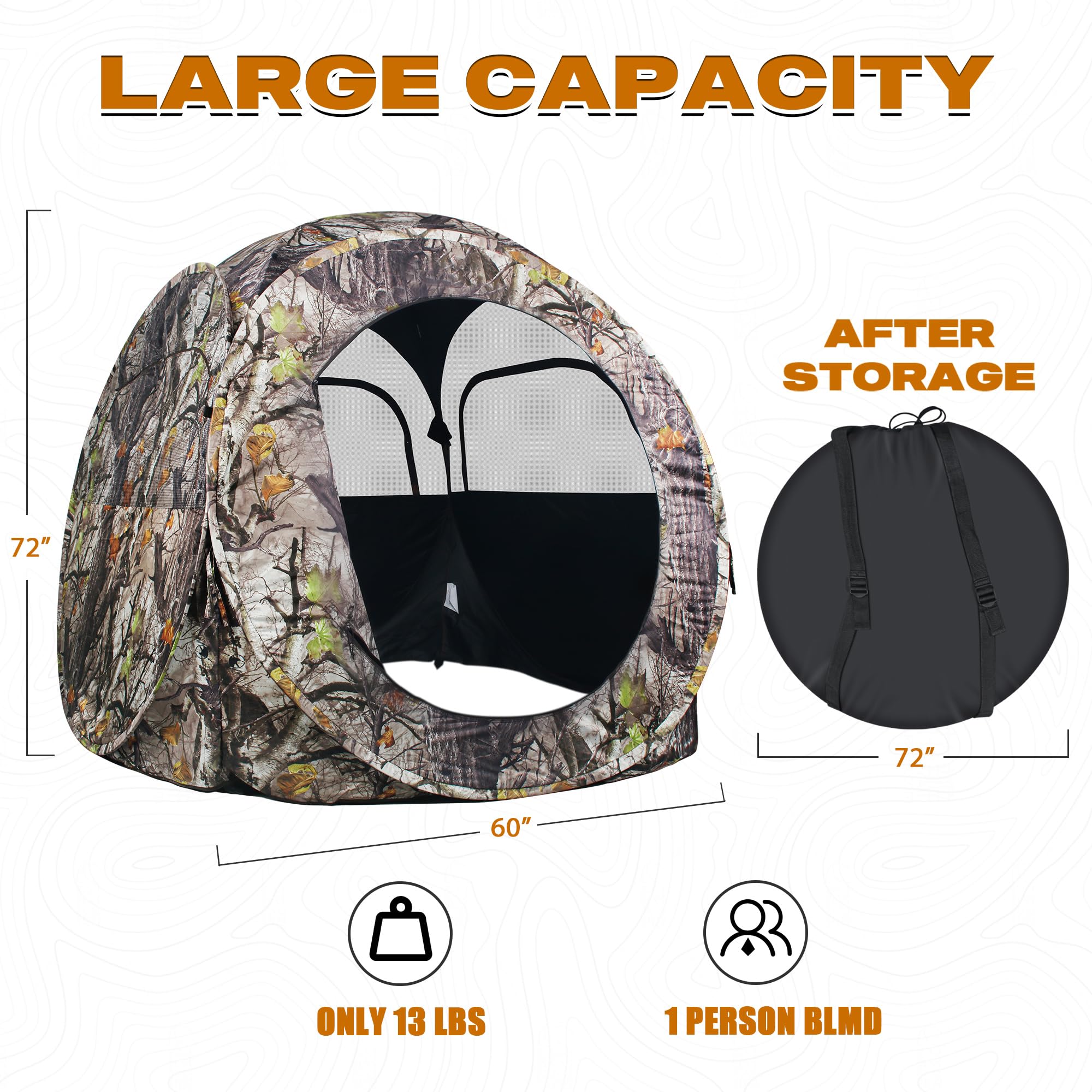 Hunting Blind 1 Person, 270 Degree See Through Pop up Ground Blinds for Deer Turkey Duck Hunting, Bow Hunting Accessories, Double Side Zipper Window(Camouflage-White)