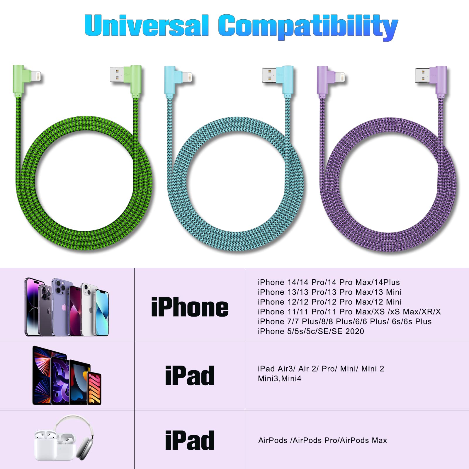 iPhone Charger 10FT Lightning Cable [Apple MFi Certified] 3 Pack 90 Degree Fast iPhone Charging Cables Cord Compatible with iPhone 14/13/12/11 Pro MAX/XR/XS/8/7/Plus/6S/SE/iPad (Rose gold-10ft)