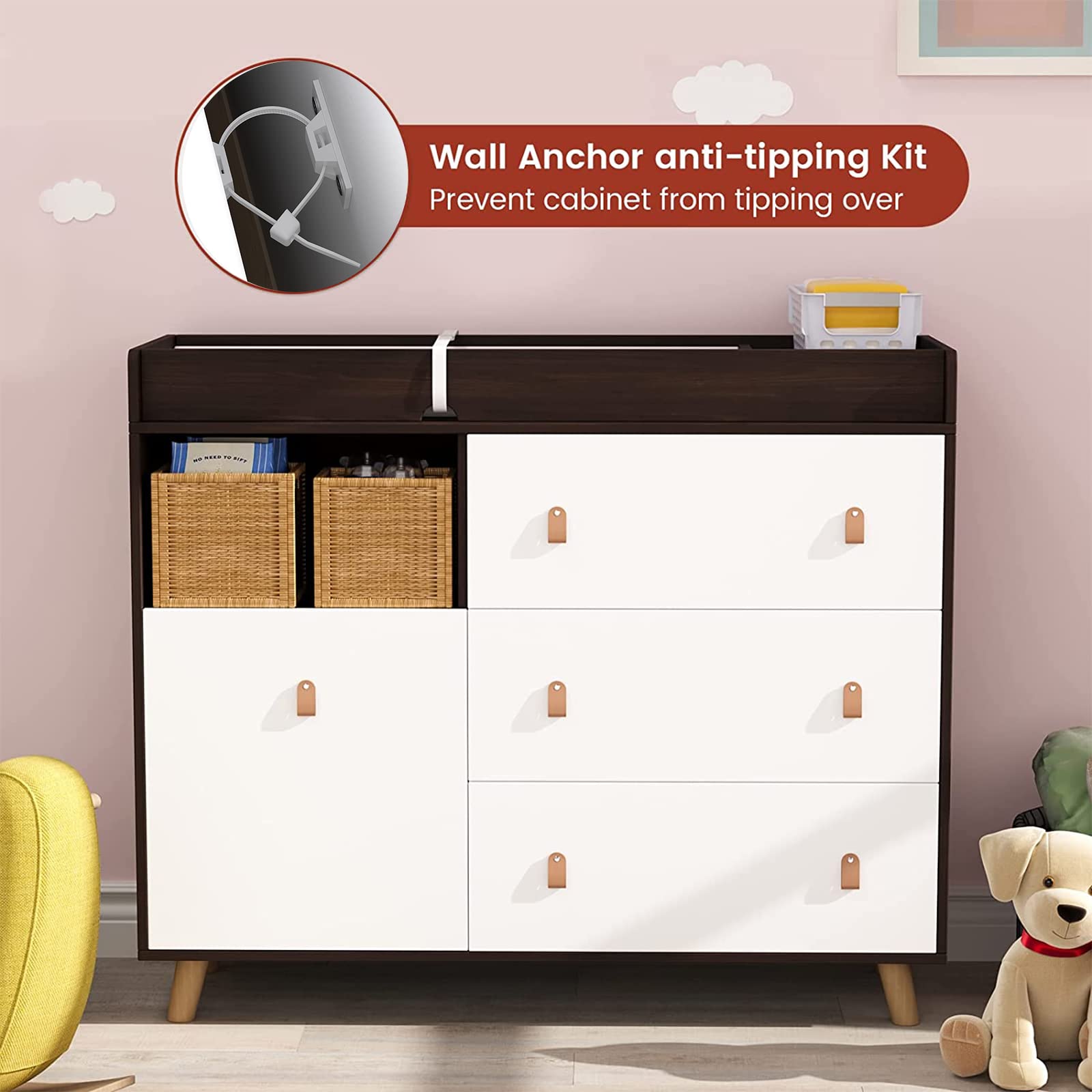 Timechee Baby Changing Table Dresser, Modern Nursery Changing Dresser Chest with 3 Drawers & 1 Shelf, Diaper Changing Pad, Storage Changing Dresser (Brown)