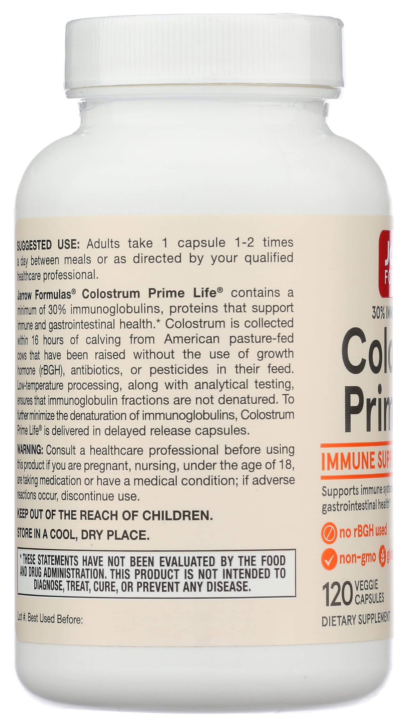 Jarrow Formulas Colostrum Prime Life 400 mg, Dietary Supplement, Immune and Gastrointestinal Support, 120 Capsules, 120 Day Supply