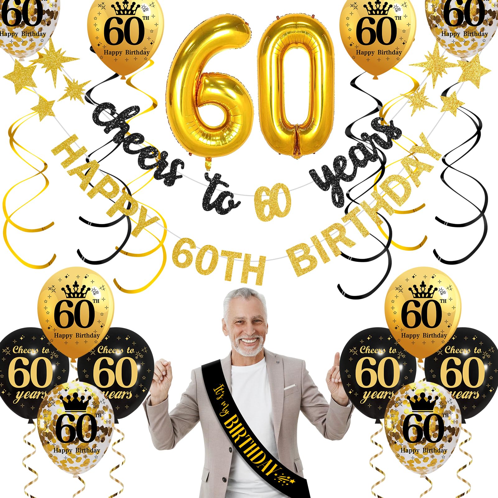 Yatufom 16PCS 60th Birthday Decorations Kit for Men Women, Black Gold Vintage 60th Birthday Banner Balloons Sash Party Supplies, Cheers to 60 Years Bdy Balloons Swirls Decor