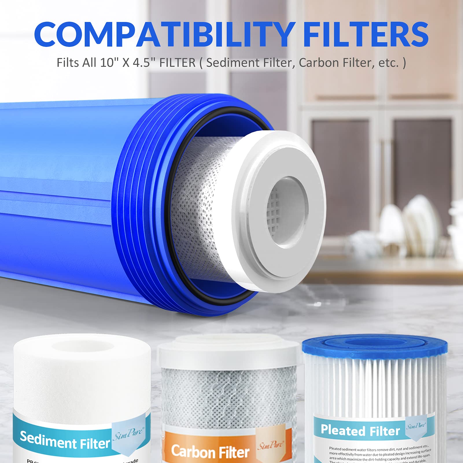 SimPure 10-inch Filter Housing with 10" x 4.5" CTO Carbon Filter Cartridges, Whole House Water System for Well and City Water