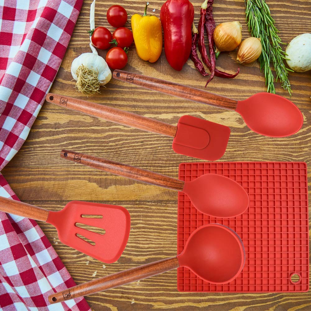 Instylecraft Silicone Kitchen Utensils Set Red Wood Cooking set, Kitchen Utensils Tools, Wooden Handle Spoons, Multi-functional TRIVET MAT BPA Free, Non Toxic, FOOD-GRADE SILICONE