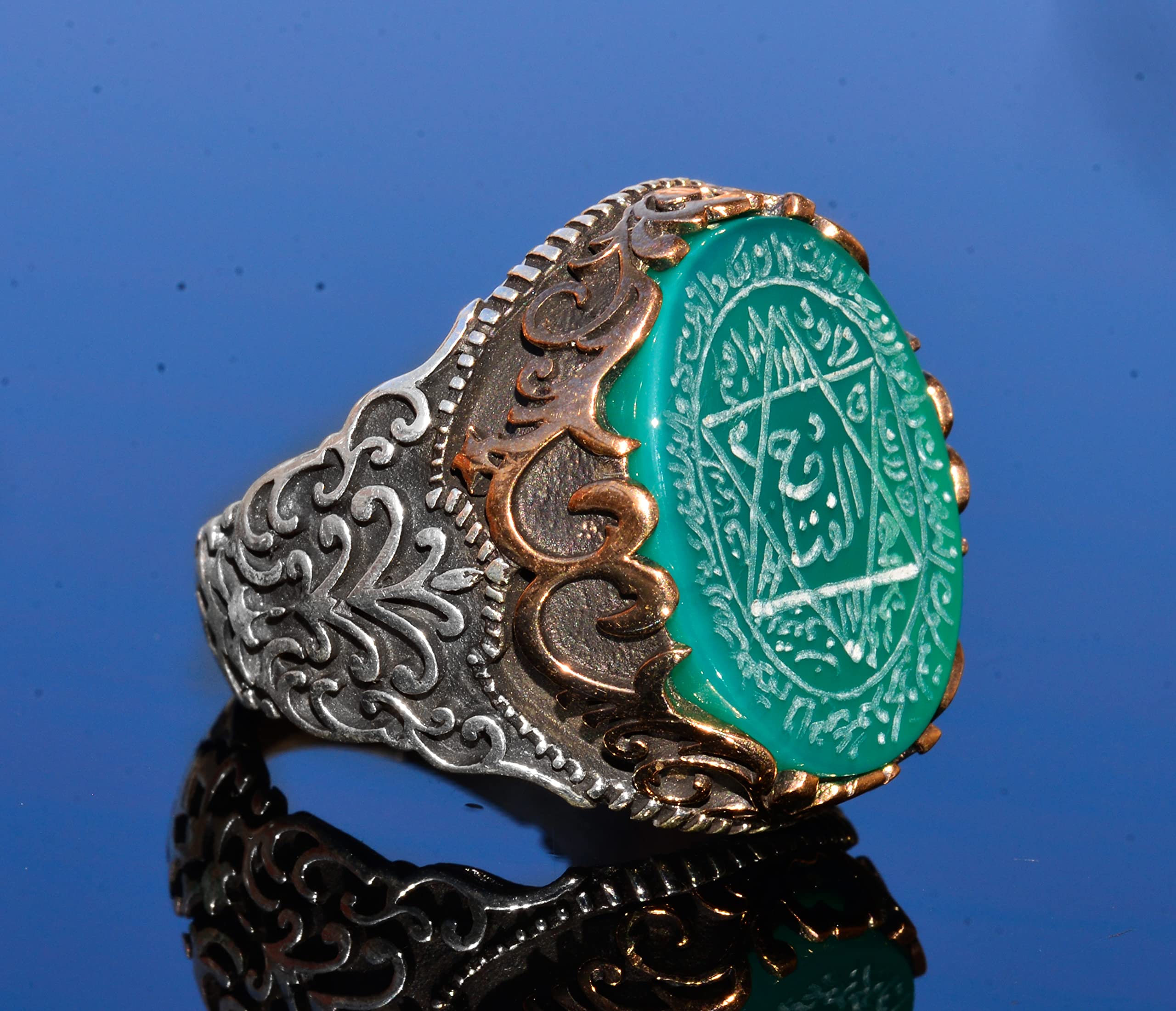 KAMBO Sterling Silver Men's Ring, Natural Black Onyx Gemstone, King Solomon Seal Ring, Unique Handmade Jewelry (Jade)