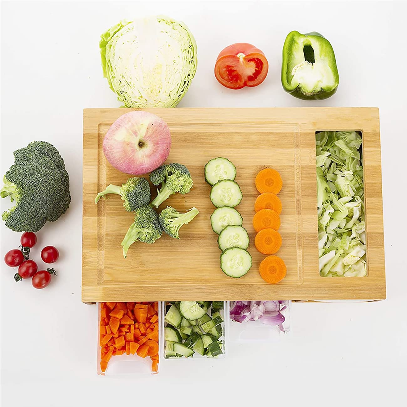 OLOZIQ Bamboo Cutting Board with Trays and Lids Storage Containers β Multifunction Easy Chopping Meal Prep Station with Juice Grooves β 4 Multi-Functional Graters Included with Food Sliding Opening