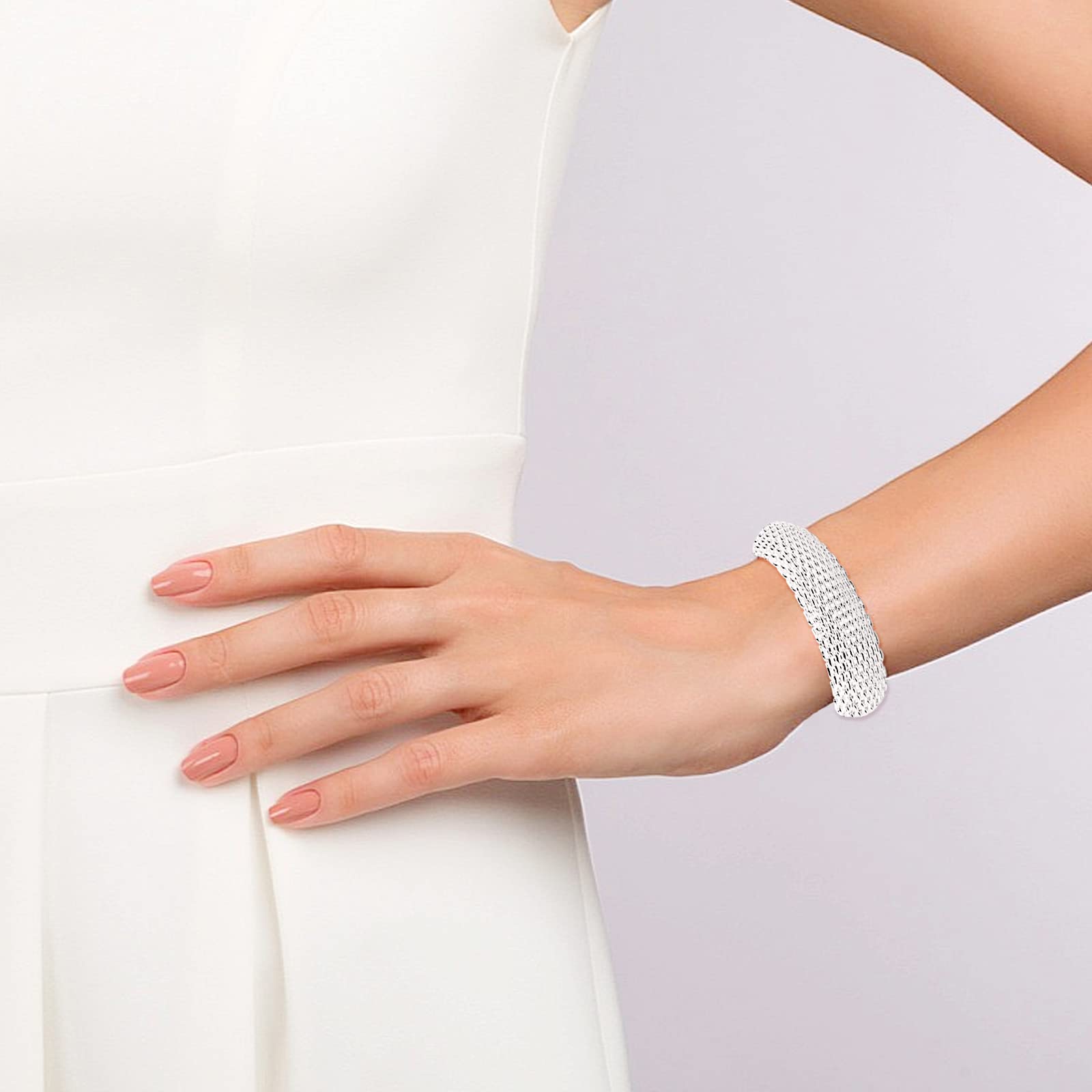 IVYRISE Bracelet 925 Sterling Silver Jewelry Sideway Big Flat Link Chain Mesh Bangle Bracelet for Women