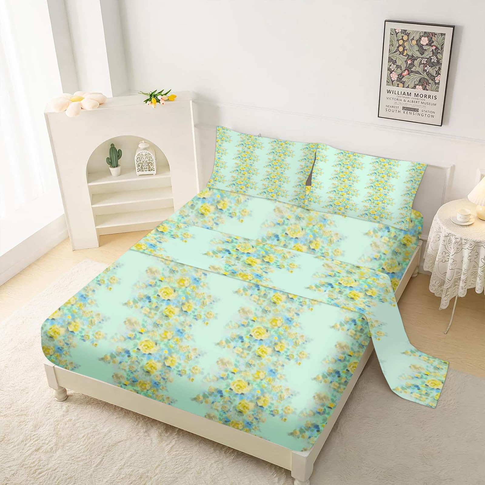 VTKON Green Queen Floral Sheets for Girls Women Adults Botanical Sheets Soft Microfiber Cute Floral Sheets Set for Room Decor with 1 Flat Sheet+ 1 Fitted Sheet+ 2 Pillowcases