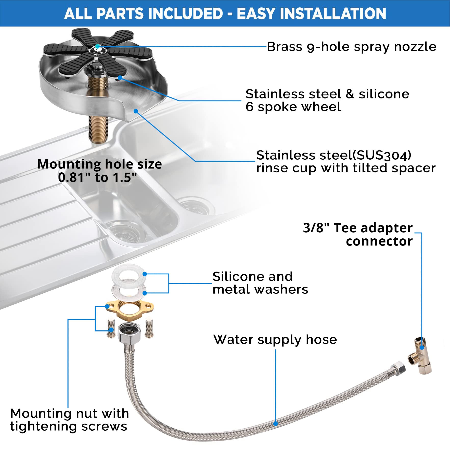 Rinzer Automatic Sink Glass Rinser for Kitchen Sink with Drying Mat - Stainless Steel Spot Free Finish - Bar Glass Washer For Kitchen Sink - Sink Cup Washer for Sink - Sink Cup Rinser for Sink