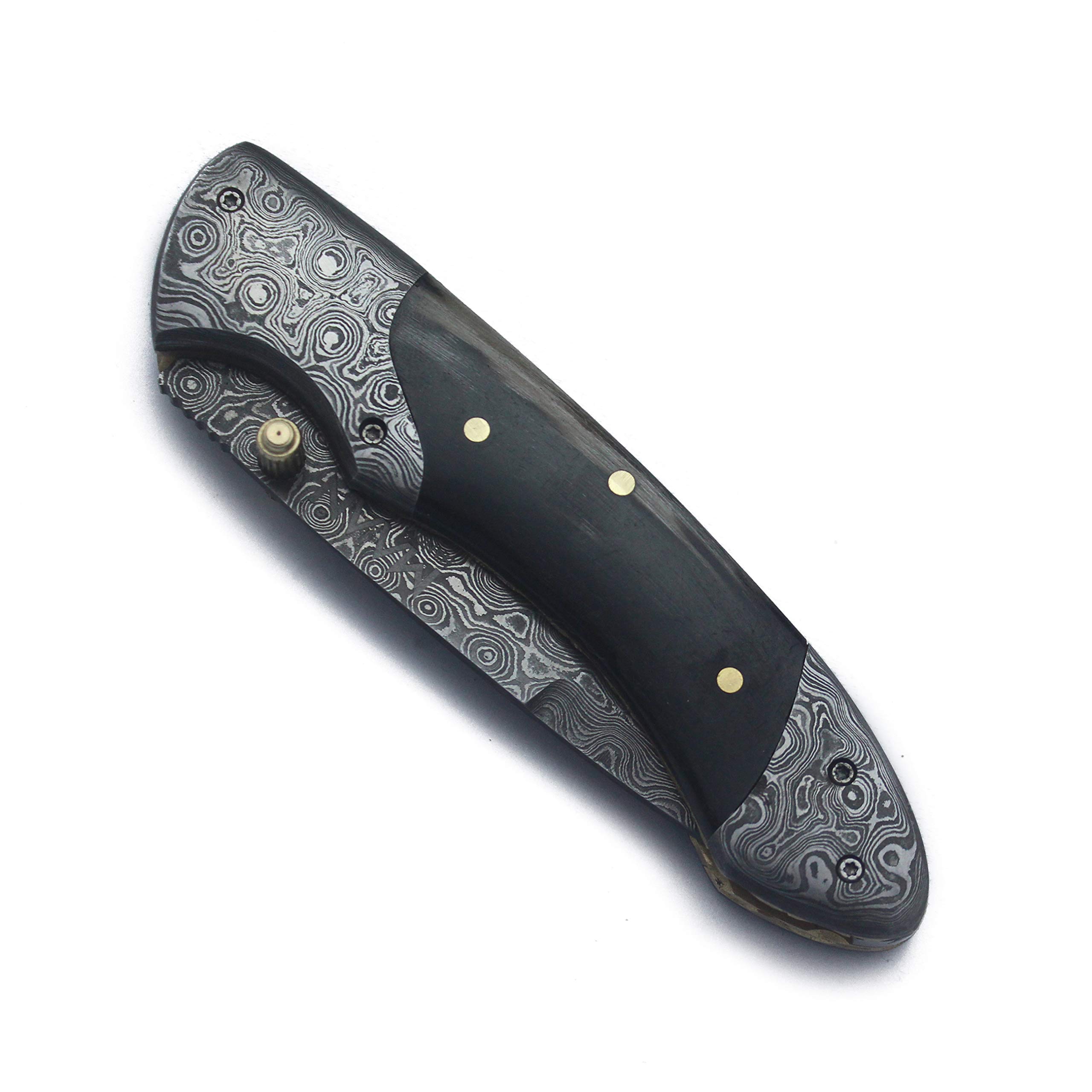 MAAN handmade Damascus Tactical Pocket Knife Sheep Horn Handle Damascus Steel Folding leather sheath Designed for hunting, survival gear & EDC MNK 302